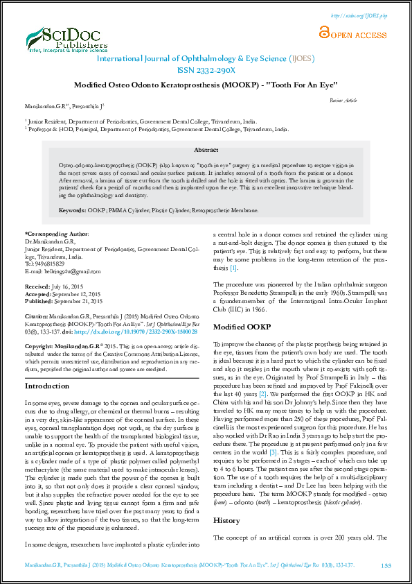 (PDF) Modified Osteo Odonto Keratoprosthesis (MOOKP) - "Tooth For An Eye