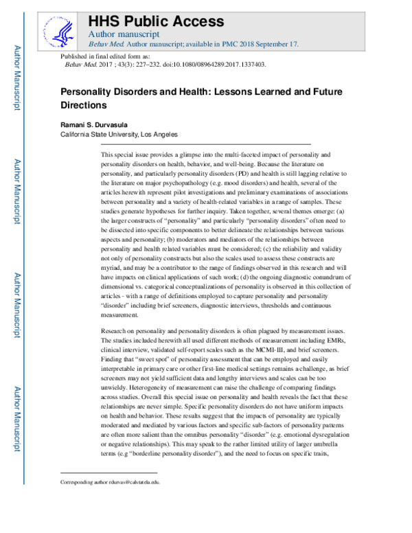 (PDF) Personality Disorders and Health: Lessons Learned and Future ...