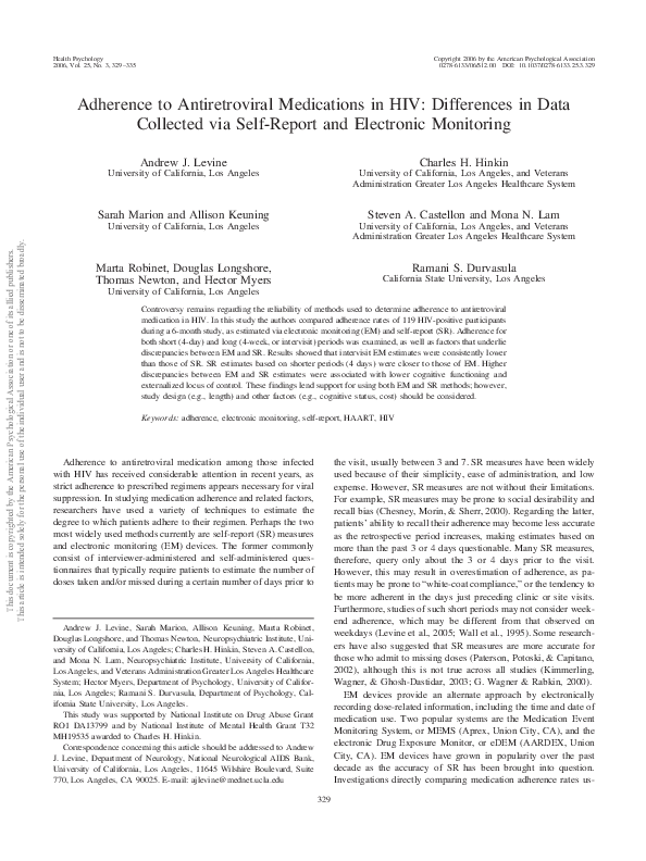 (PDF) Adherence to antiretroviral medications in HIV: Differences in ...