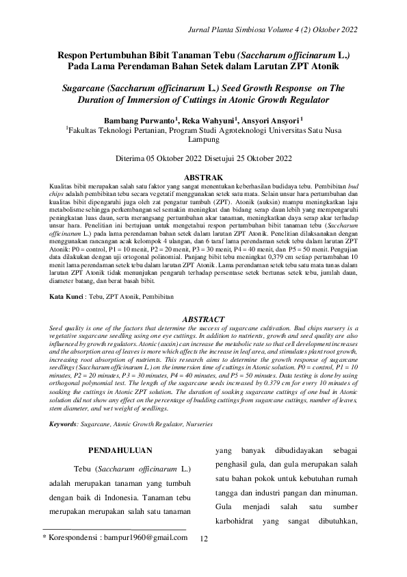 (PDF) Respon Pertumbuhan Bibit Tanaman Tebu (Saccharum officinarum L ...