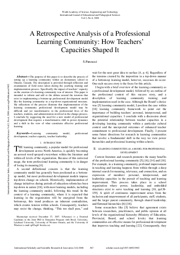 (PDF) A Retrospective Analysis of a Professional Learning Community: How Teachers- Capacities ...