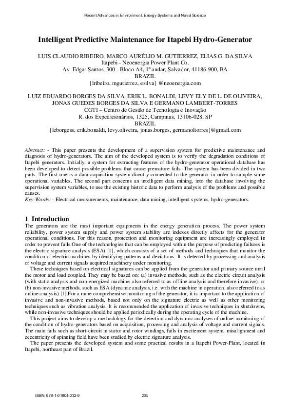 (PDF) Intelligent Predictive Maintenance for Itapebi Hydro-Generator