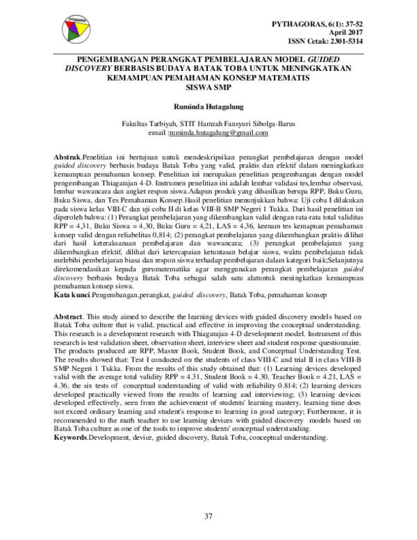 (PDF) Pengembangan Perangkat Pembelajaran Model Guided Discovery Berbasis Budaya Batak Toba ...