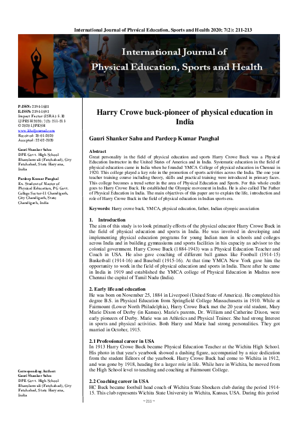 (PDF) Harry Crowe buck-pioneer of physical education in India | Gauri ...