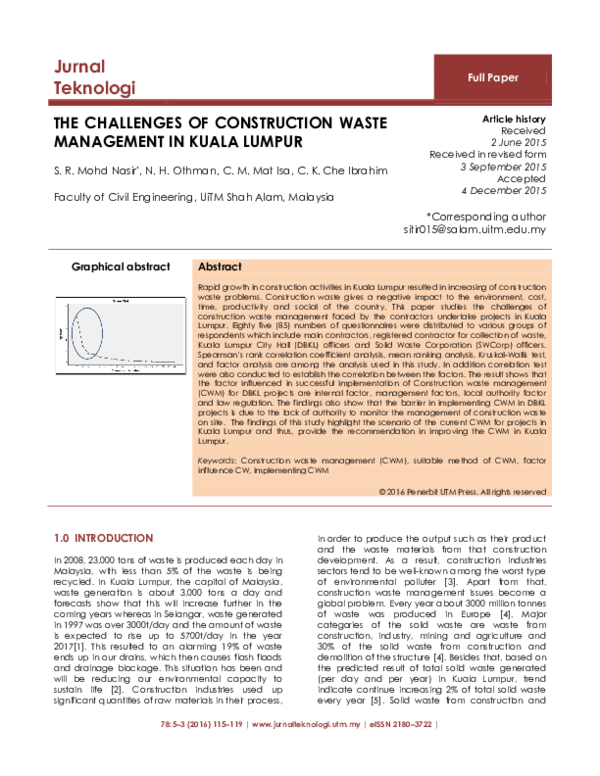 (PDF) The Challenges of Construction Waste Management in Kuala Lumpur