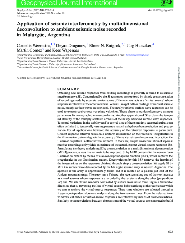(PDF) Application of seismic interferometry by multidimensional deconvolution to ambient seismic ...