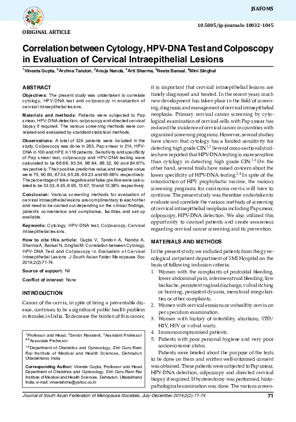 (PDF) Correlation between Cytology, HPV-DNA Test and Colposcopy in ...