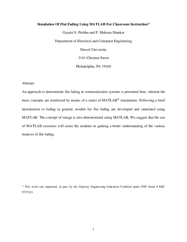 (PDF) Simulation of flat fading using MATLAB for classroom instruction