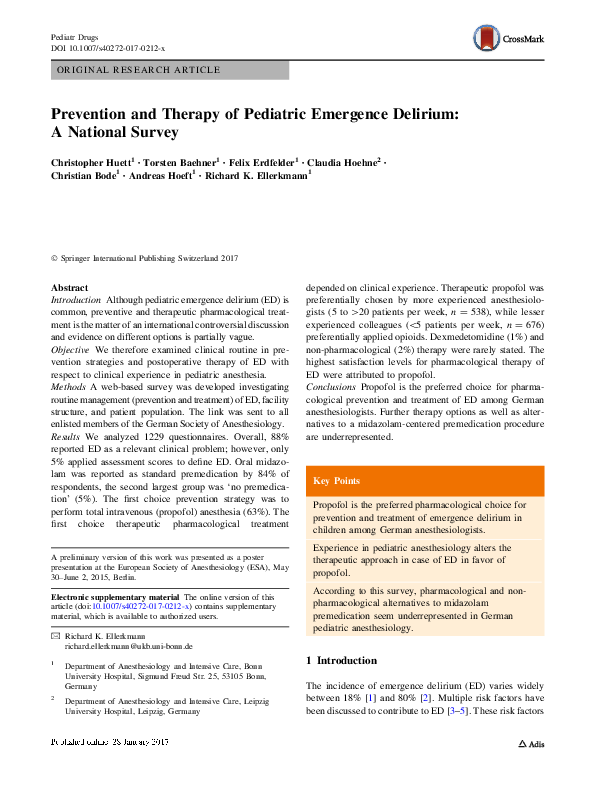 (PDF) Prevention and Therapy of Pediatric Emergence Delirium: A ...