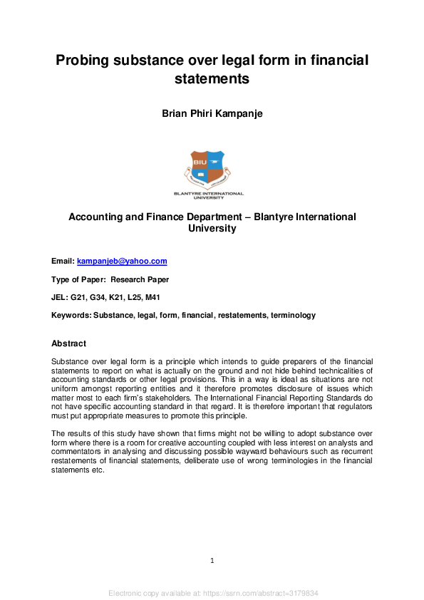 (PDF) Probing Substance Over Legal Form in Financial Statements