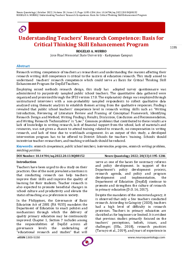 (PDF) Understanding Teachers' Research Competence: Basis for Critical ...