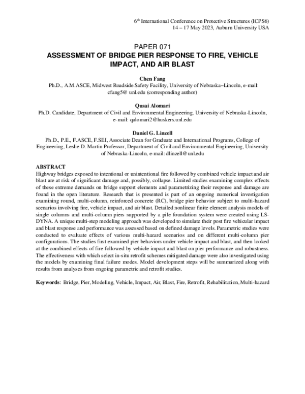 (PDF) ASSESSMENT OF BRIDGE PIER RESPONSE TO FIRE, VEHICLE IMPACT, AND ...