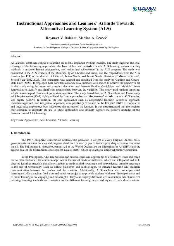 (PDF) Instructional Approaches and Learners’ Attitude Towards Alternative Learning System (ALS)