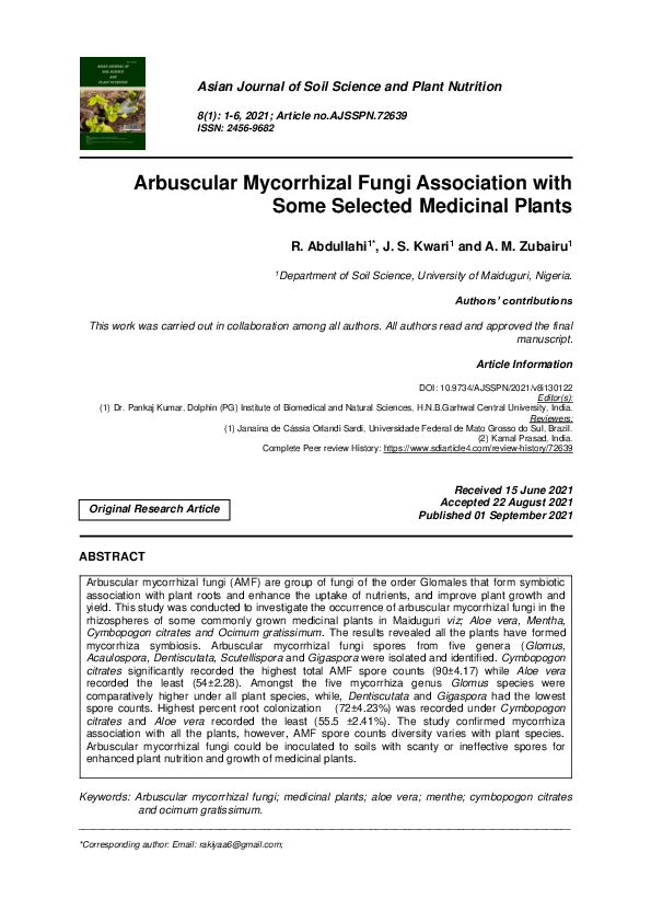 (PDF) Arbuscular Mycorrhizal Fungi Association with Some Selected Medicinal Plants