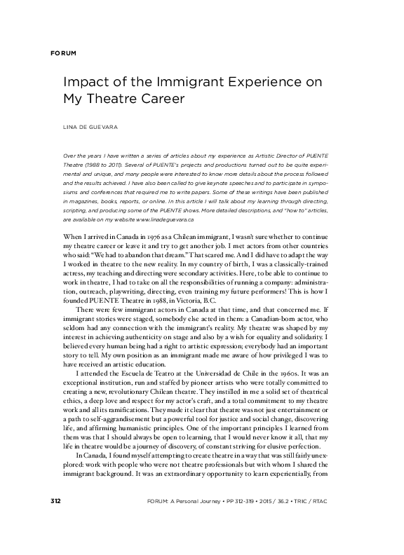 (PDF) Impact of the Immigrant Experience on My Theatre Career