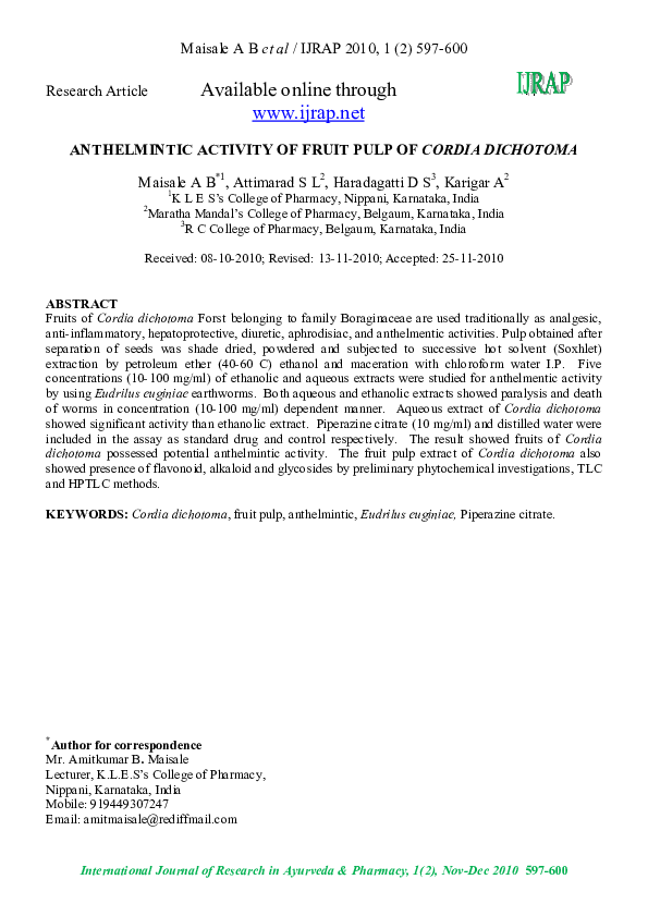 (PDF) Anthelmintic activity of fruit pulp of Cordia dichotoma