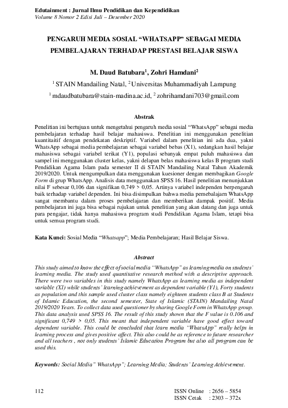 (PDF) Pengaruh Media Sosial “Whatsapp” Sebagai Media Pembelajaran Terhadap Prestasi Belajar Siswa