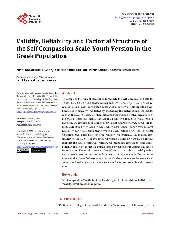 (PDF) Validity, Reliability and Factorial Structure of the Self Compassion Scale-Youth Version ...
