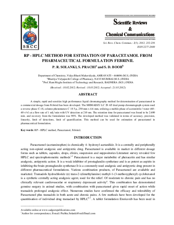 (PDF) RP-HPLC Method for Estimation of Paracetamol from Pharmaceutical ...