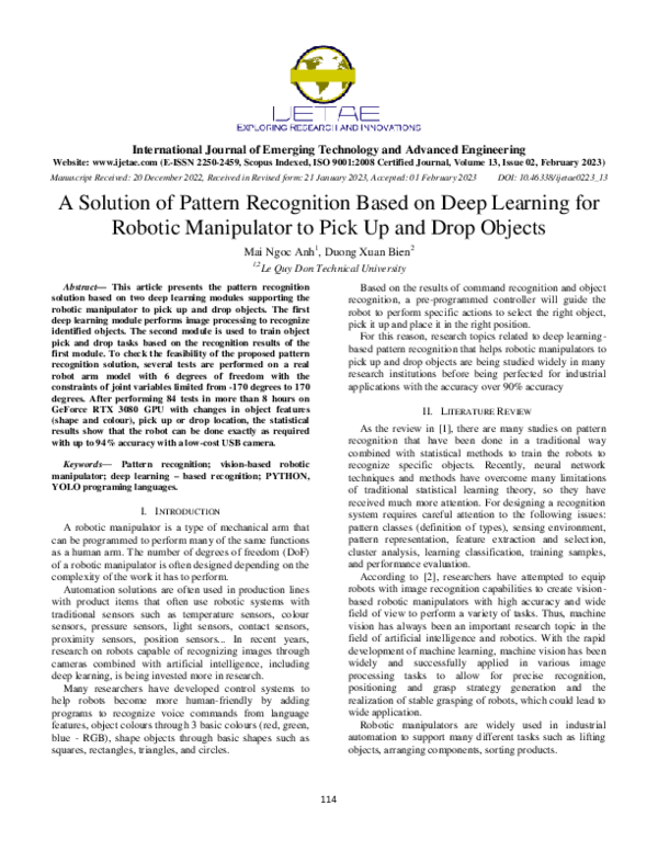 (PDF) A Solution of Pattern Recognition Based on Deep Learning for Robotic Manipulator to Pick ...