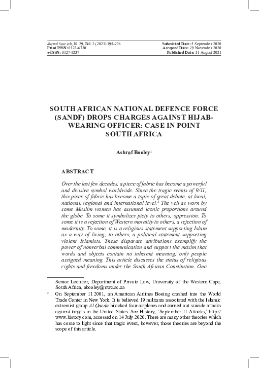 (PDF) South African National Defence Force (Sandf) Drops Charges Against Hijab-Wearing Officer ...