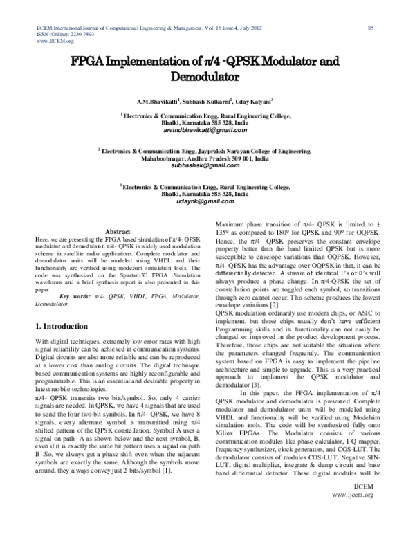 (PDF) FPGA Implementation of /4 -QPSK Modulator and Demodulator