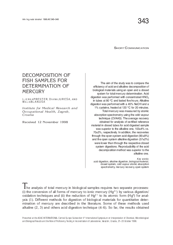 (PDF) Decomposition of fish samples for determination of mercury