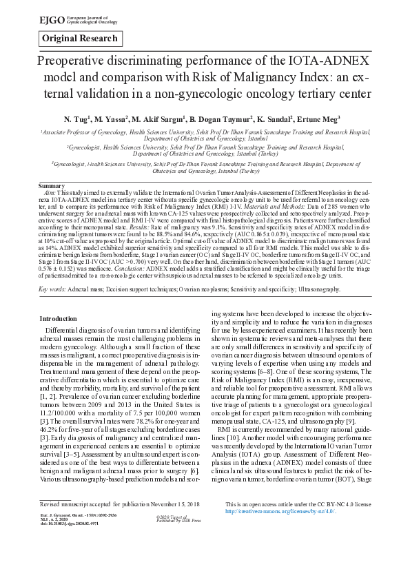 (PDF) Preoperative discriminating performance of the IOTA-ADNEX model and comparison with Risk ...
