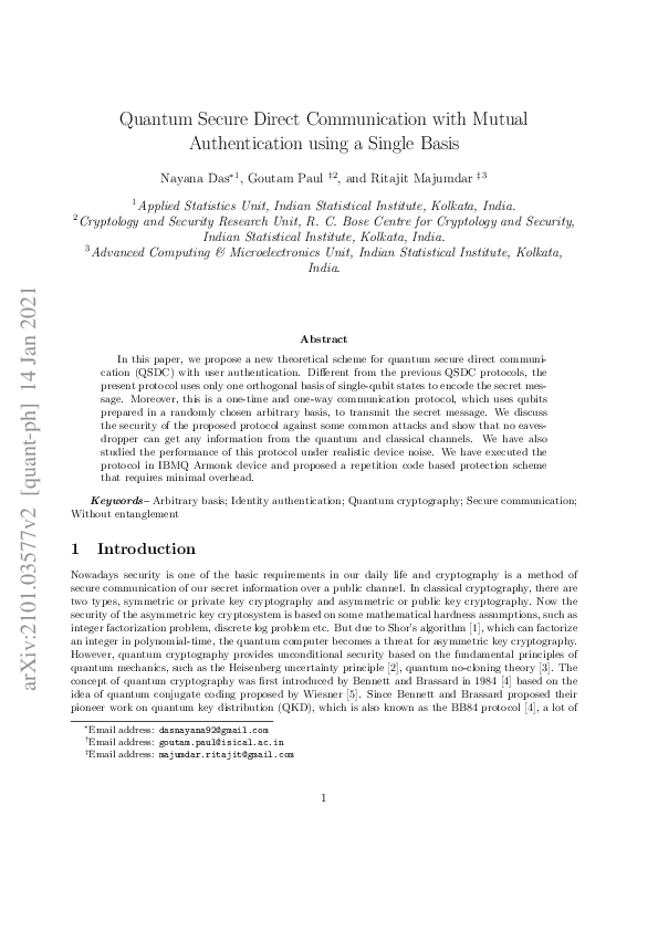 (PDF) Quantum Secure Direct Communication with Mutual Authentication using a Single Basis