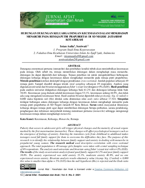 (PDF) Hubungan Dukungan Keluarga Dengan Kecemasan Dalam Menghadapi Menarche Pada Remaja Putri ...