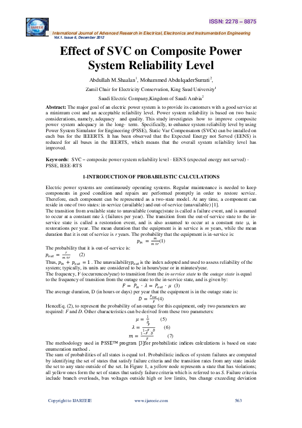 (PDF) Effect of SVC on Composite Power System Reliability Level