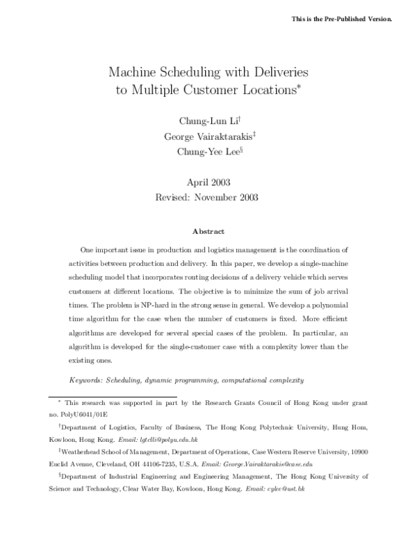 (PDF) Machine scheduling with deliveries to multiple customer locations