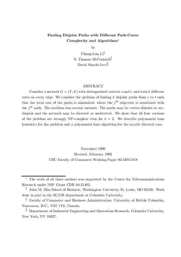 Pdf Finding Disjoint Paths With Different Path‐costs Complexity And Algorithms Chung Li 1599