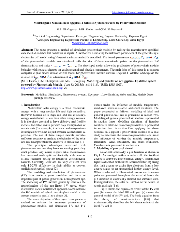 (PDF) Modeling and Simulation of Egyptsat-1 Satellite System Powered by ...