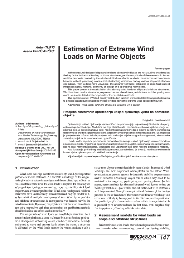 (PDF) Estimation of Extreme Wind Loads on Marine Objects