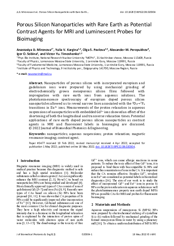 (PDF) Porous Silicon Nanoparticles with Rare Earth as Potential Contrast Agents for MRI and ...