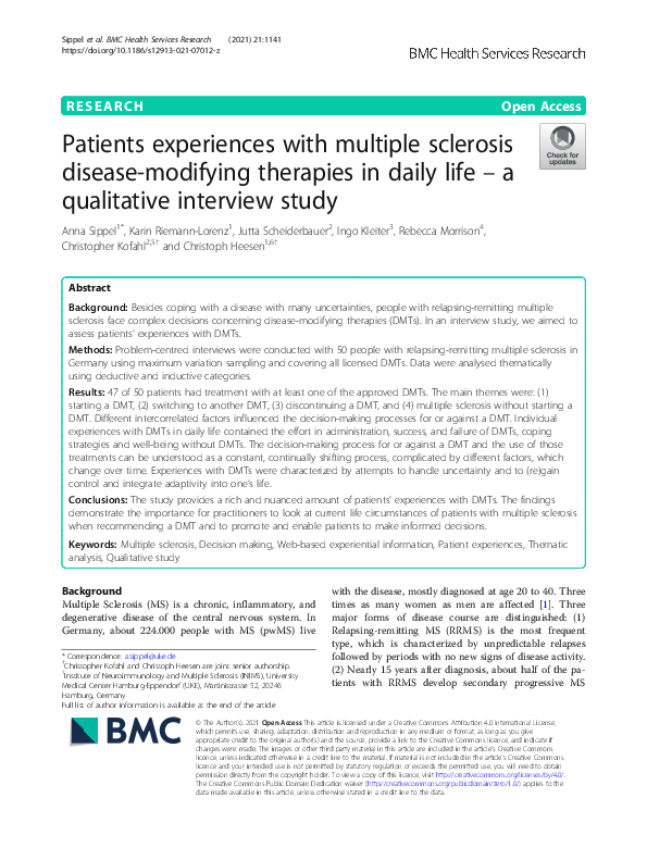 (PDF) Patients Experiences with Multiple Sclerosis Disease-Modifying Therapies in Daily Life - a ...