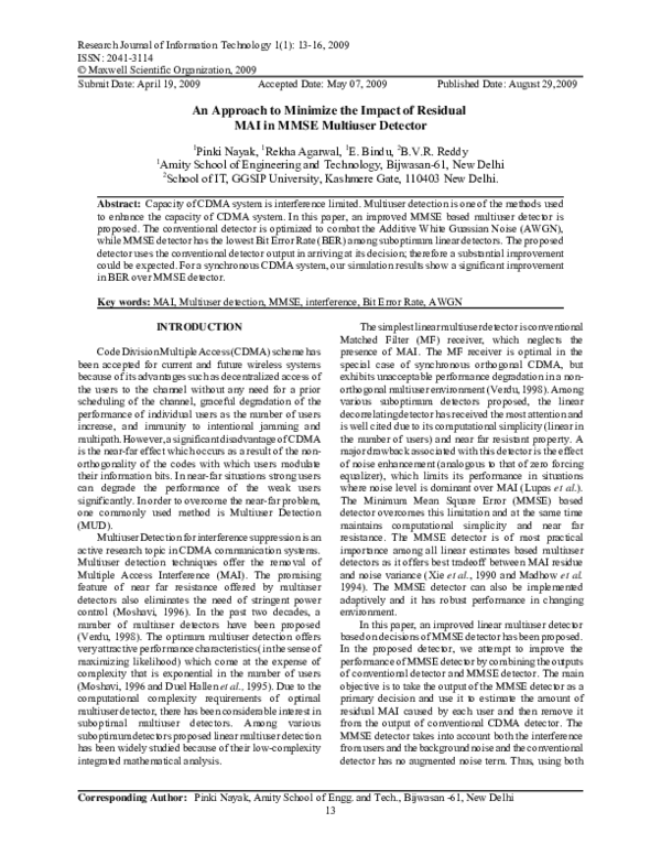 (PDF) An Approach to Minimize the Impact of Residual MAI in MMSE Multiuser Detector