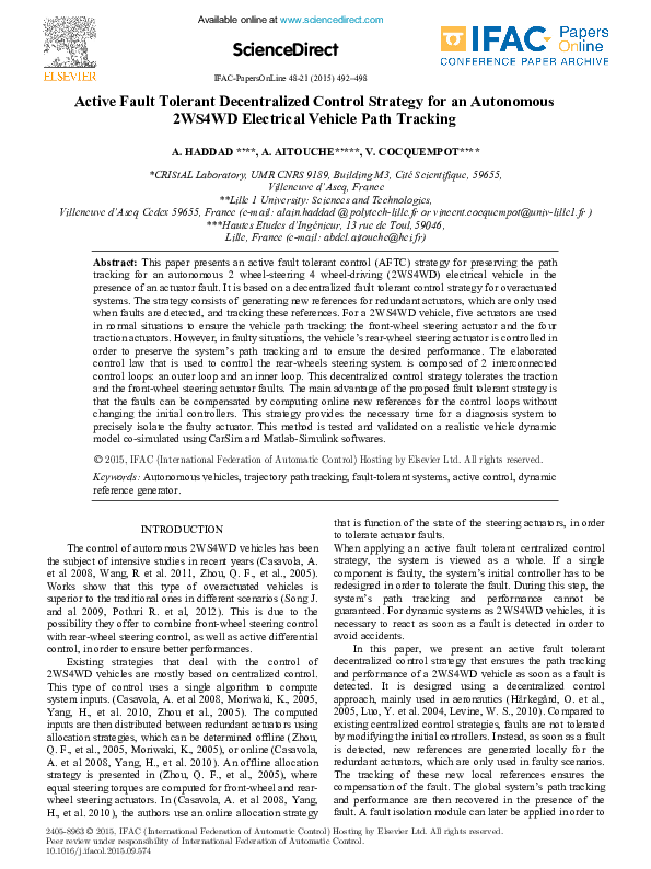 (PDF) Active Fault Tolerant Decentralized Control Strategy for an Autonomous 2WS4WD Electrical ...