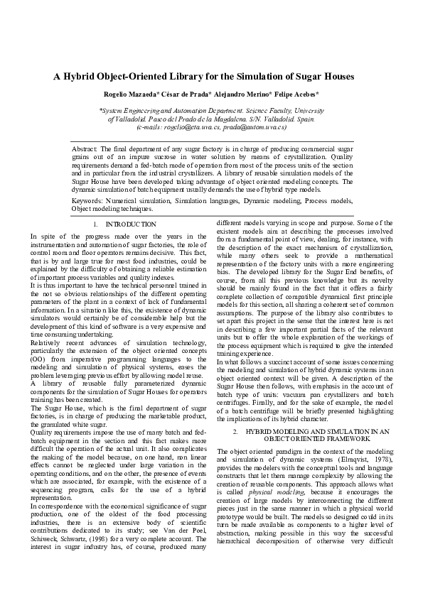 (PDF) A Hybrid Object-Oriented Library for the Simulation of Sugar Houses