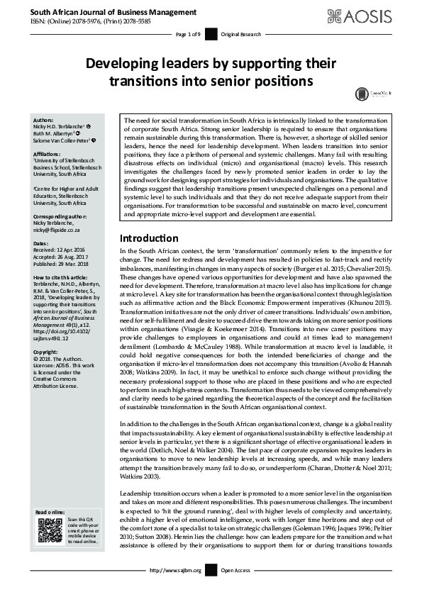 (PDF) Developing leaders by supporting their transitions into senior ...