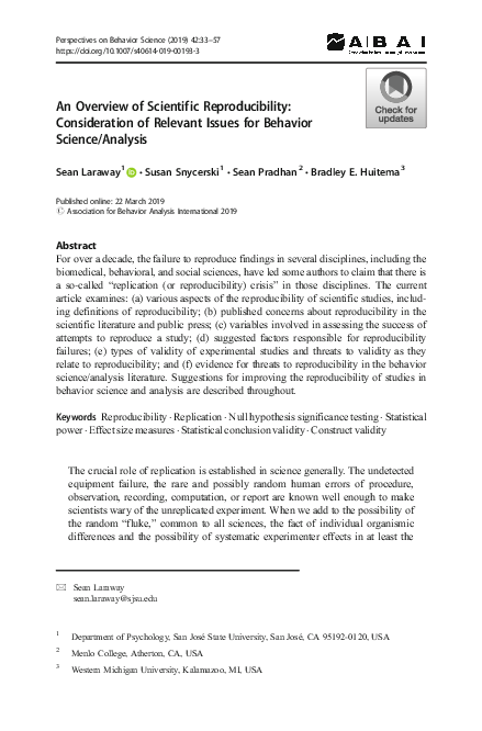 (PDF) An Overview of Scientific Reproducibility: Consideration of Relevant Issues for Behavior ...