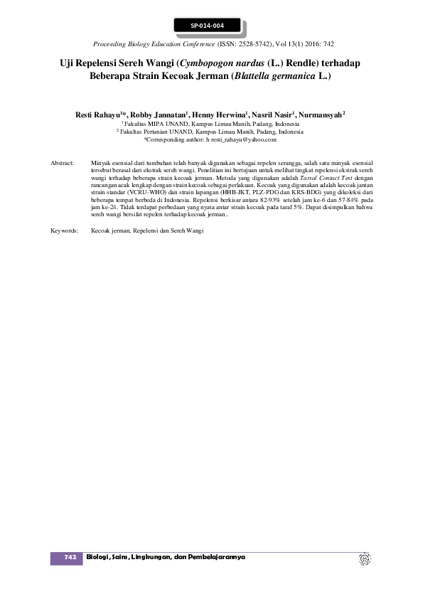(PDF) Uji Repelensi Sereh Wangi (Cymbopogon nardus (L.) Rendle ...