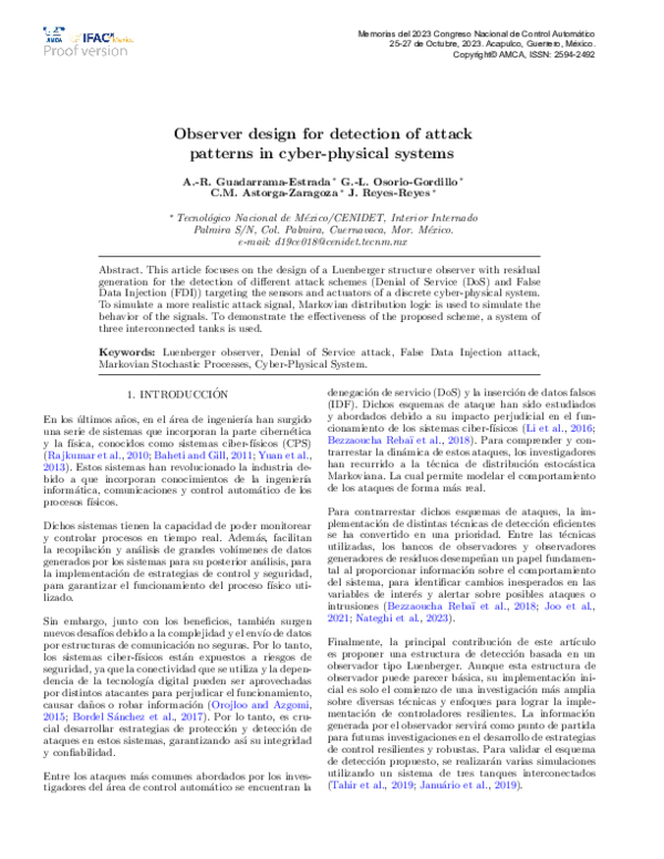 (PDF) Observer design for detection of attack patterns in cyber-physical systems