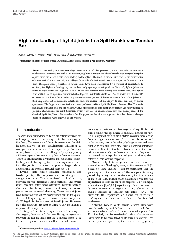 (PDF) High rate loading of hybrid joints in a Split Hopkinson Tension Bar