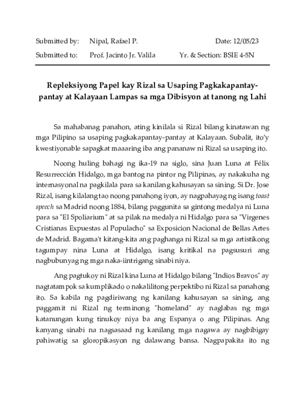 (PDF) Repleksiyong Papel kay Rizal sa Usaping Pagkakapantaypantay at ...