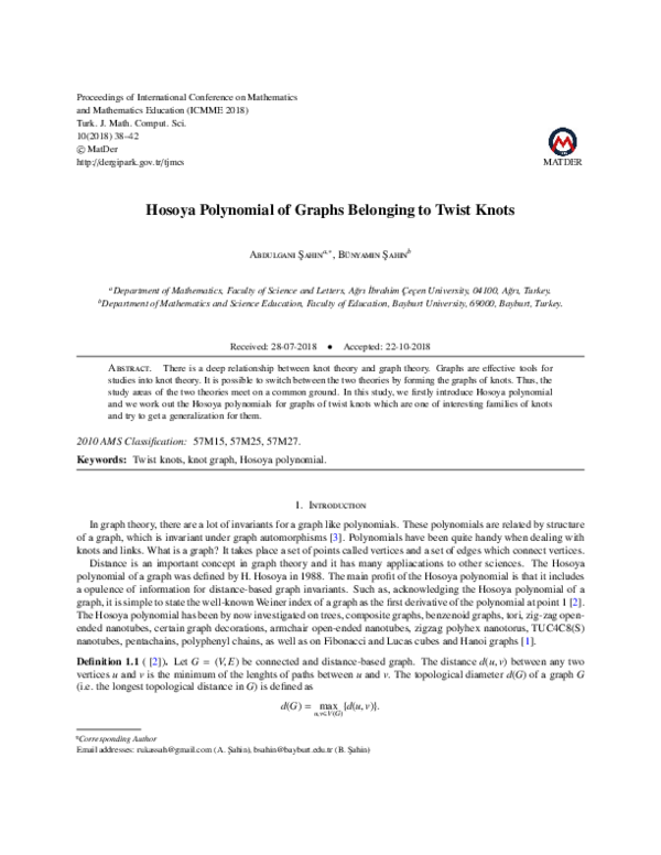 (PDF) Hosoya Polynomial of Graphs Belonging to Twist Knots