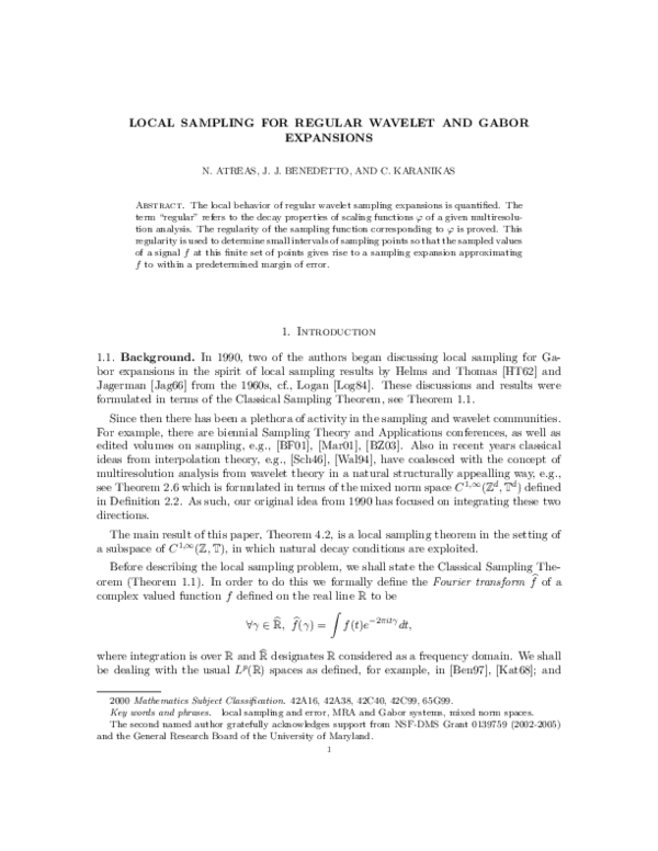 (PDF) Local Sampling for Regular Wavelet and Gabor Expansions