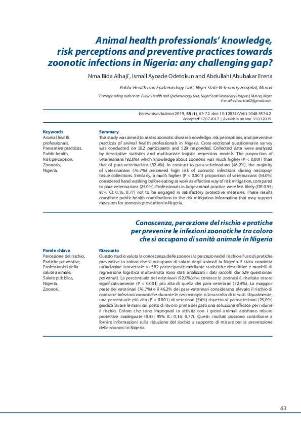 (PDF) Animal health professionals' knowledge,risk perceptions and preventive practices towards ...