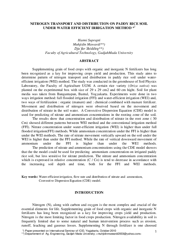 (PDF) Nitrogen Transport and Distribution on Paddy Rice Soil Under ...